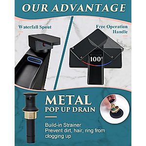 KUZOR Bathroom Faucets Single Hole Black Matte, Waterfall Matt Black Bathroom Sink Faucet One Hole with Metal Pop Up Drain, Solid Brass Square Faucet for Bathroom Vanity