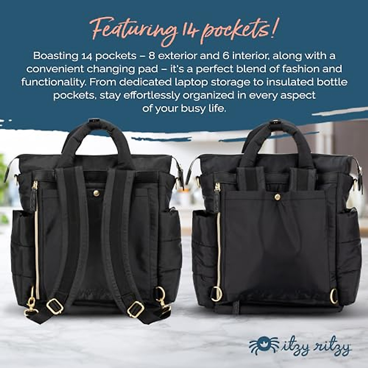 Itzy Ritzy Dream Convertible Diaper Bag Tote Backpack - Baby Diaper Bag with 14 Pockets, Changing Pad & More (Midnight Black)