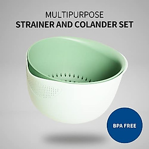 BLUE GINKGO Rice Strainer and Kitchen Colander Set - Strain Rice, Quinoa and Small Grains - Soak, Wash and Drain Vegetables and Fruit - (4 Quart Bowl) Olive and Sage