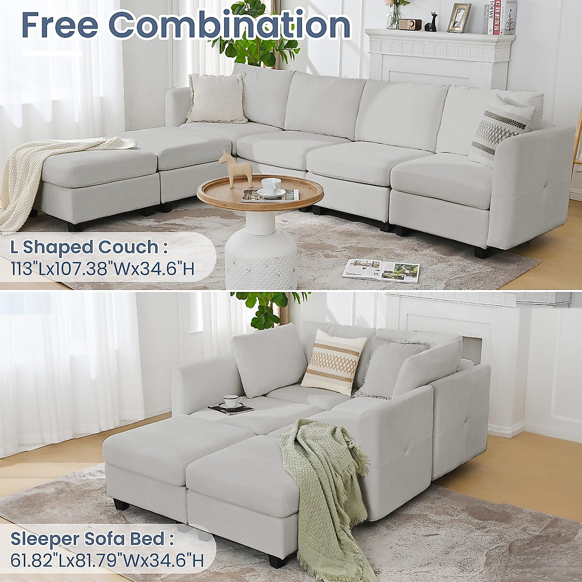 HALLYBEE Modular Sectional Sofa with Storage Seat Comfy Chenille Sectional Couches for Living Room with Ottoman U Shaped Couch 6 Seats Couch Light Grey