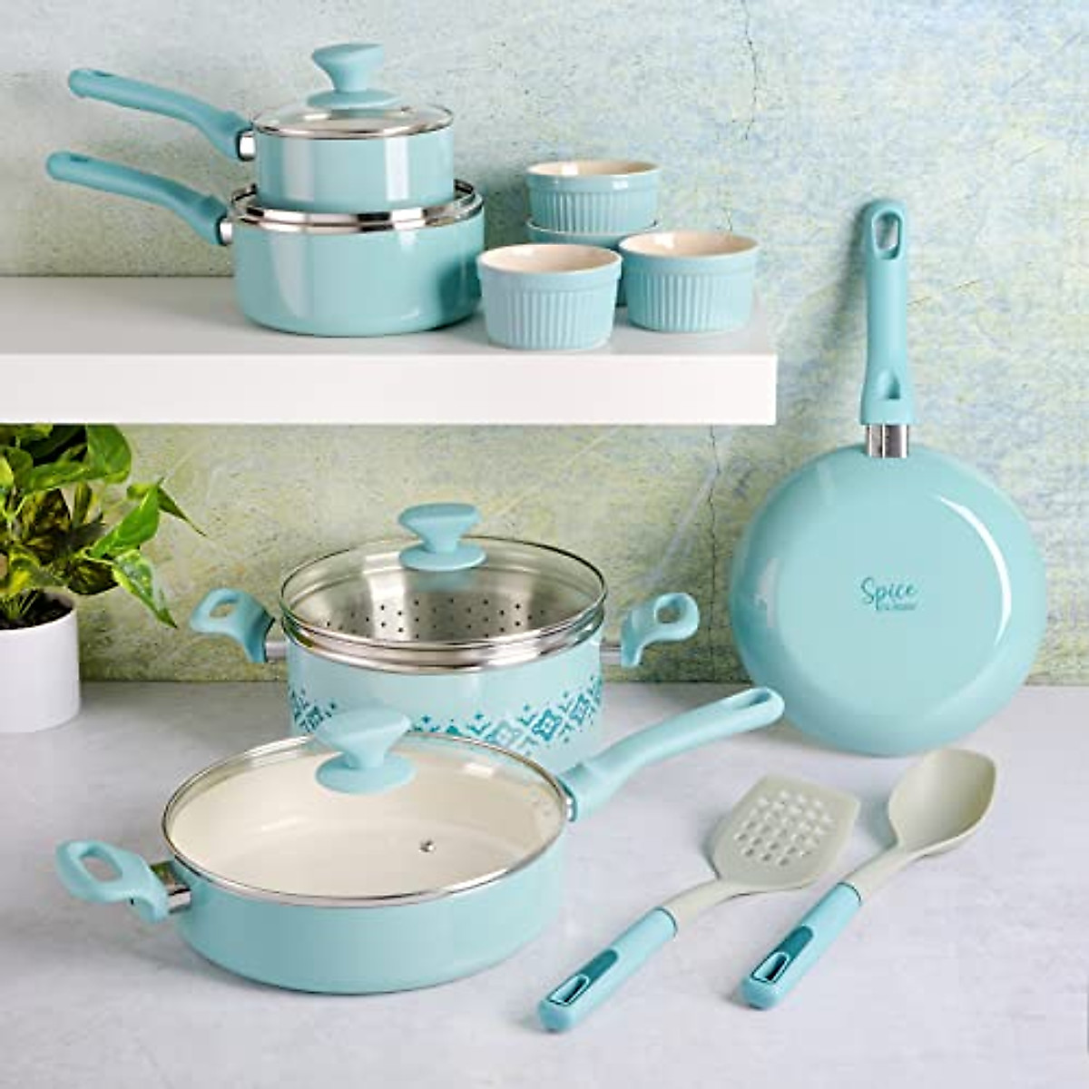 Spice by Tia Mowry Savory Saffron 16-Piece Healthy Nonstick Ceramic Cookware Set - Aqua Blue