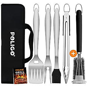 POLIGO 5PCS BBQ Grill Accessories Set in Carrying Bag Bundle with Safe Stainless Steel Wire Grill Brush and Scraper for All Barbecue Grills - Ideal Birthday Father's Day Grilling Gifts for Men Dad
