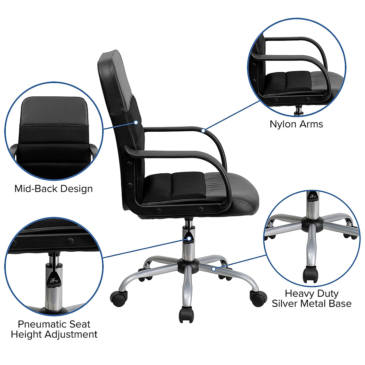 Flash Furniture Manor Mid-Back Black LeatherSoft and Mesh Swivel Task Office Chair with Arms