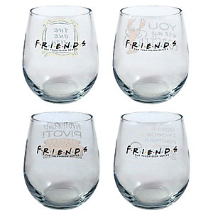 FRIENDS Favorites Curved Table 21 Ounce Stemless Wine Glass 4 Pack Gift Set the TV Show