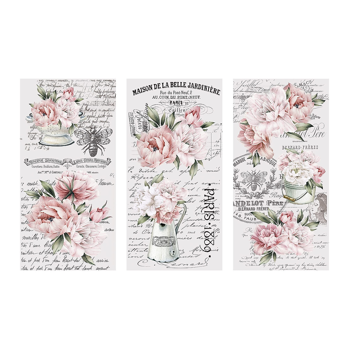 Rub on Transfers for Crafts and Furniture | 3 Design Sheets 6”x 12” | Home Decor Transfers | Furniture and Craft Decals | by Thymeless Designs (French Market Peonies)