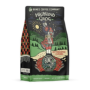Bones Coffee Company Highland Grog Flavored Ground Coffee Beans Butterscotch Caramel Flavor | 12 oz Medium Roast Arabica Low Acid Coffee | Gourmet Coffee (Ground)