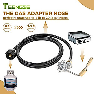 TEENGSE 6FT Propane Adapter Hose with Gas Regulator, QCC1 Grill Regulator Rubber Hose, Elbow Adapter, 1lb to 20lb Converter Compatible with Blackstone 17" 22" Tabletop Griddle