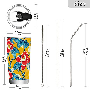 sanluoli Yellow Red Flowers Big Stainless Steel travel cups Leak-proof Lid and Straw coffee mugs with lids for Home, Office or Car simply vacuum insulated tumbler with lid 20 OZ