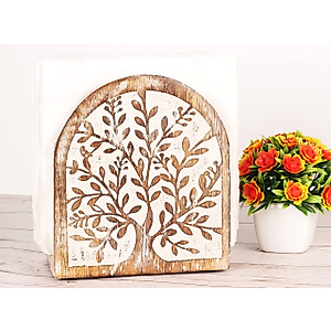 Wooden White Wash Tree of Life Tissue Paper Holder with Full Size Decorative Napkin Stand Tissue Paper Organizer for Home & Kitchen Dining Table Stand