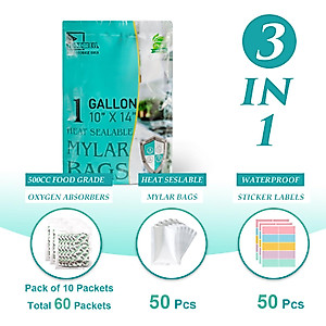 50pcs 1 Gallon Mylar Bags for Food Storage with Oxygen Absorbers 400CC (6 Packs of 10pcs) and Labels, 9.5 Mil 10"x14" Vacuum Sealer Bags Heat Sealable Bags for Long Term Food Storage(Extra Thick）