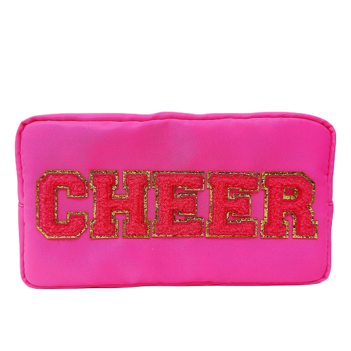 cqoogrlx Cheer Patch Bag Letter Patch Nylon Makeup Bag Cheer Cosmetic Bag Cheerleader Gifts Preppy Chenille Varsity Letter Cheer Makeup Bag Case Toiletry Zipper Pouch for Women Girls(Cheer-hot pink)