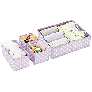 mDesign Fabric 4 Piece Baby/Kids Nursery Drawer Organizer Bins for Dresser and Closet Organization, Hold Clothes, Underwear, Diaper, Socks, Lido Collection, Light Wisteria Purple/White Polka Dot