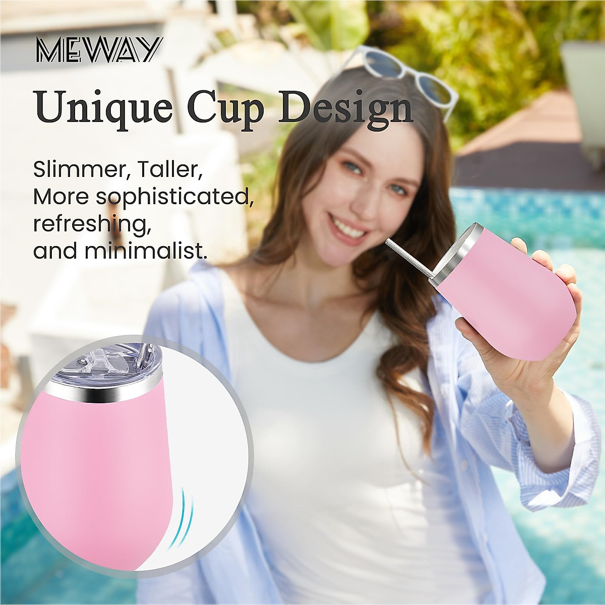 MEWAY 12oz Insulated Wine Tumbler with Press-In Lid, Double Wall Vacuum Stainless Steel Travel Tumbler with Straw,Travel Cup for Coffee and Drinks, Gift for Woman Under 10 dollars(Pink,1)