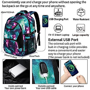 Backpack for College Large Bookbag Travel Business with USB Charging Port, Travel Laptop Backpack Work Bag, Anti Theft Durable Water Resistant Computer Bag Fit Laptop Up to 17.3 Inch, Galaxy - Green