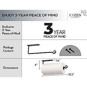 RTZEN Under Cabinet Paper Towel Holder - Wrought Iron Cute Black Farmhouse Decor Inside Cabinet or Under Counter - Paper Towel Holder for Kitchen or Under Sink Paper Towel Holder for Bathroom