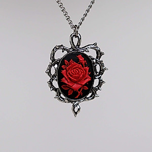 Gothic Red Rose Cameo In Thorns Pendant Necklace