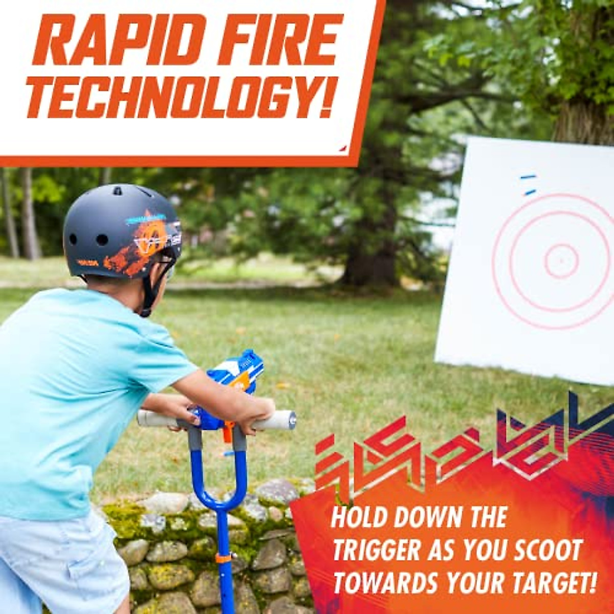 Flybar Nerf Blaster Scooter for Kids - Foldable Scooter, Height Adjustable, 2 Wheels, Anti-Slip Deck, for Boys/Girls, Rear Brake, Outdoor Toy, Shoots nerf Darts, Lightweight/Sturdy Kick Scooter