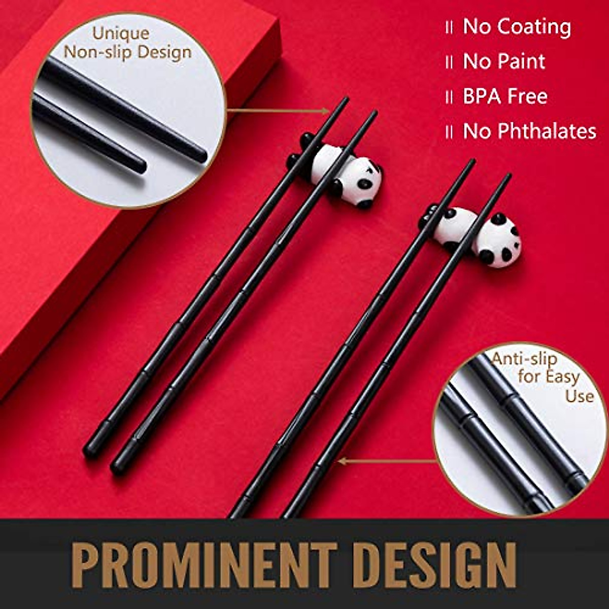 HauSun 2 Pairs Chopsticks and Chopstick Rest Gift Set- Dishwasher Safe Reusable Fiber Glass Chopsticks + Porcelain Cute Panda Chopstick Holder, Non-slip Chinese Japanese Style Chopsticks Set, Black