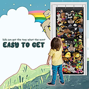 FYY Over The Door Organizer, Hanging Storage for Stuffed Animal with 4 Large Mesh Pocket Breathable Behind Door Wall Mount Organizer for Bedroom Bathroom Closet Toys Storage Black