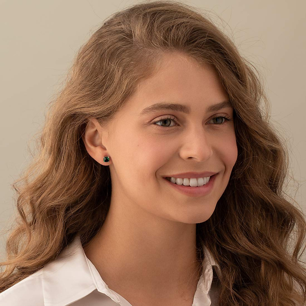 Peora Created Emerald Stud Earrings for Women in 14K White Gold, Classic Solitaire, Cushion Cut 6mm, 1.75 Carats total, Friction Back