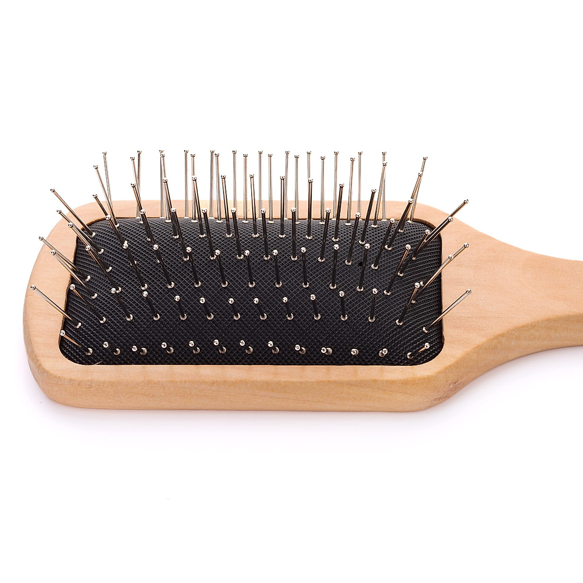 GranNaturals Metal Pin Bristle Hair Brush - Detangling, Anti-Static Paddle Grooming Tool - Rounded Steel Bristles, Ergonomic Wooden Handle - Scalp Massaging Comb - For Normal, Curly, Thick Hair, Wigs