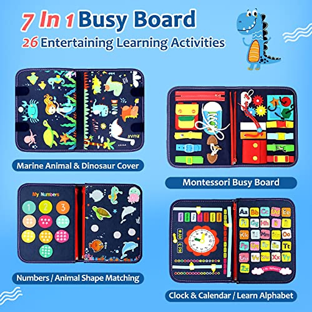 Qizfun Busy Board Montessori Toy for 1 2 3 4 Years Old, Educational Activity Sensory Board Preschool Learning Fine Motor Skills Toys, Toddler Travel Toy for Plane Car, Gift for Boys Girls (Blue/P4)