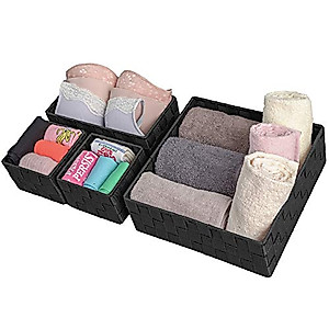 VK Living Woven Storage Box Basket Bin Container, Woven Strap Basket, Nylon Woven Box Basket, Underwear Bra Storage Organizer Divider for Drawer, Dresser, Closet, Black, Set of 4