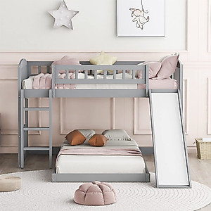 Harper & Bright Designs Low Bunk Bed Twin Over Twin, Wood Floor Bunk Bed with Slide and Ladder, L-Shape Bunk Bed for Kids Toddlers Teens Boys & Girls (Gray)