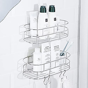 KINCMAX Shower Caddy, Rustproof SUS304 Stainless Steel, Adhesive Wall Mount Double Deep Round Baskets 2-pack with Hooks (Polished Silver)