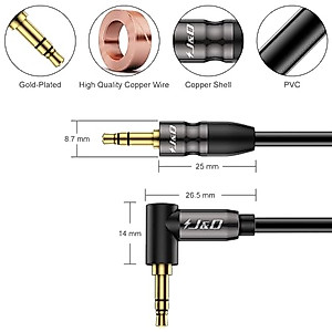 J&D 1/8 Stereo Cable, 3.5mm Extension Double Male Stereo Audio Aux Jack to Jack Cable 90 Degree Right Angle for Phone Tablet MP3 Player and All Other Devices, 10 Feet