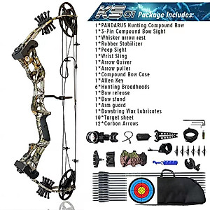 PANDARUS Compound Bow Set 15-45lbs for Pull Beginner and Teens Right Handed Adjustable 18"-29" Draw Length, 320 FPS Speed, Hunting Bow Archery Set New 2024(Camo Right Handed Bag Pro)