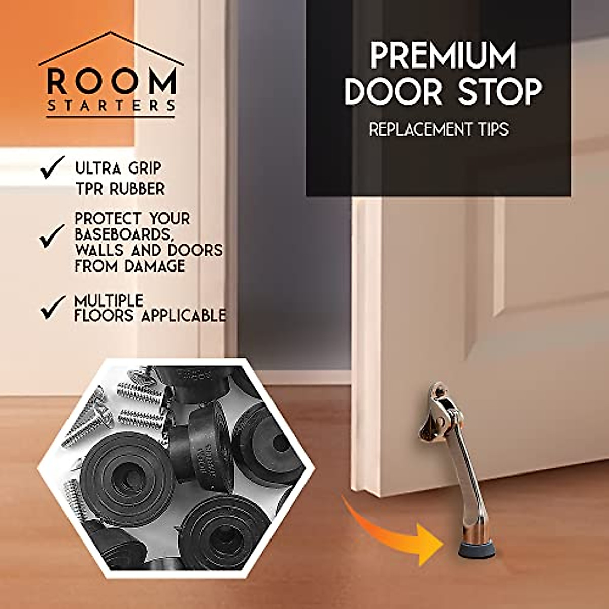 Kick Down Door Stop Ultra Grip Rubber Replacement Tip 10 Pack with Screw by ROOM STARTERS Style 1 (Black, 10 Pack)