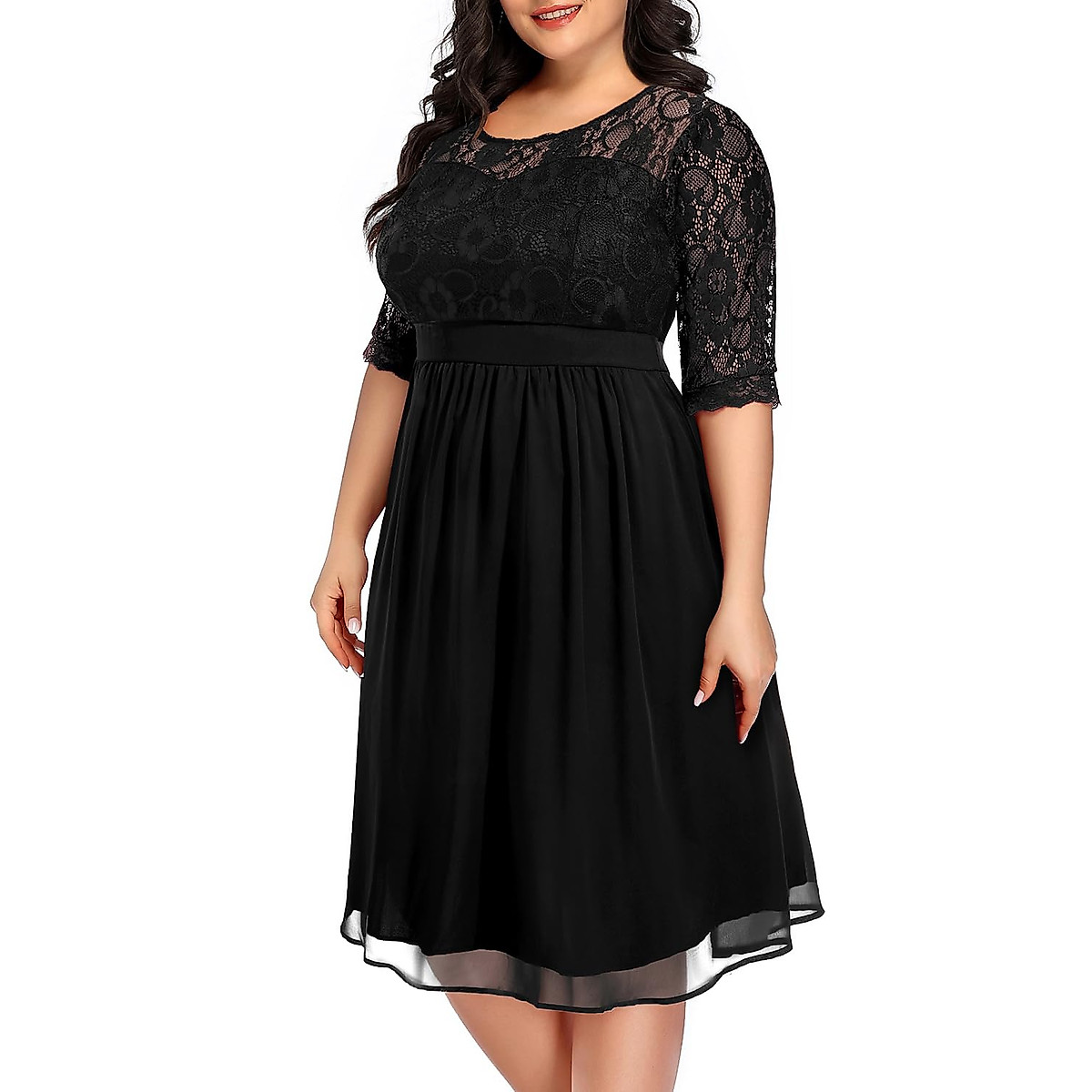 Pinup Fashion Plus Size Black Dress Funeral Wedding Guest Lace Chiffon Short Formal Cocktail Party Midi Dress Women