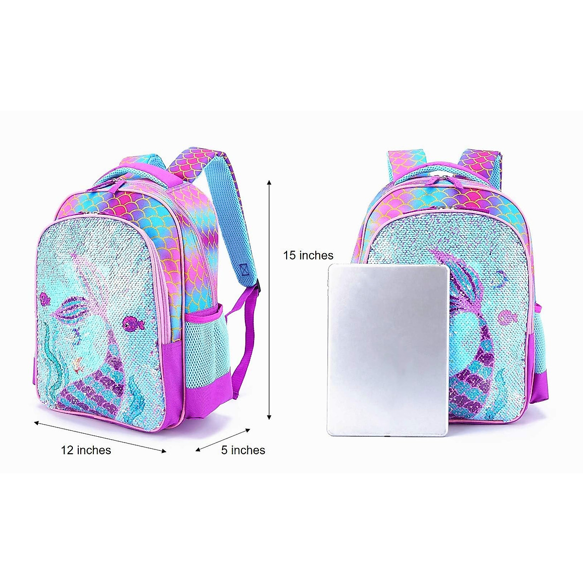 Reversible Sequin School Backpack Lightweight Little Kid Book Bag for Preschool Kindergarten Elementary (15", Mermaid)