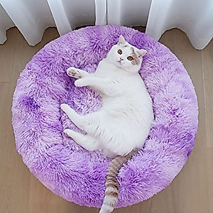 Patas Lague Calming Dog Bed for Small Dogs, Fluffy Soft Cozy Cat Bed, Faux Fur Anti-Anxiety Plush Washable Pet Donut Cuddler for All Seasons 20IN, Purple
