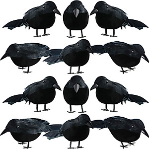 12 Pieces Halloween Black Feathered Crows Black Birds Props Decor Realistic Looking Halloween Birds Decoration for Outdoor Indoor Party