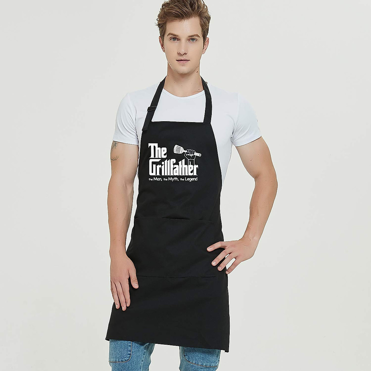 Febmeib 100% Cotton Waterproof Oil Proof Thick and Durable Chef Apron with 2 Big Pockets,Funny Apron for Men/Women,The Grillfather, Kitchen Cooking BBQ Grill, Bib Adjustable