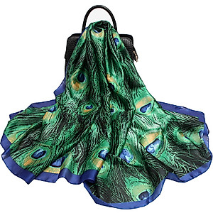 NaSoPerfect Silk Feeling Scarf Large Headscarf Fashion Peacock Pattern Hair Wraps Soft Neck Scarves for Women 70" x 35"