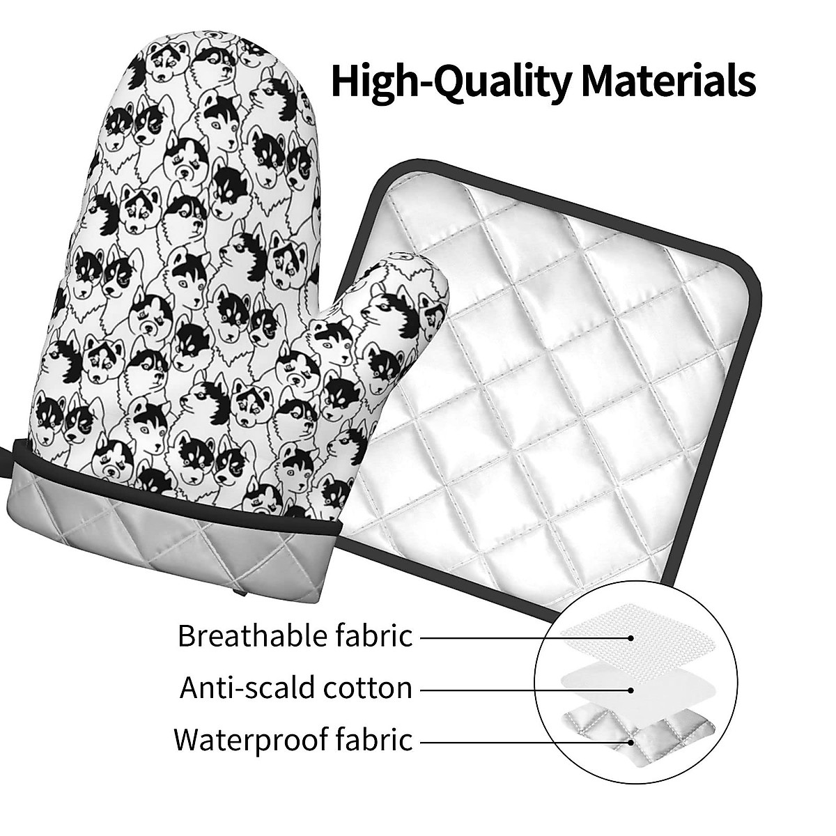 Siberian Husky Oven Mitts & Pot Holders Sets Potholders with Hanging Loop Non-Slip Kitchen Cooking Gloves for BBQ Baking Grilling