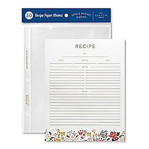Jot & Mark Recipe Card Paper Full Page 8.5x11 with Crystal Clear Page Protectors for 3 Ring Binder, 30 Count (Midnight Floral)
