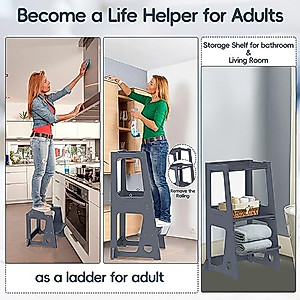 Kitchen Toddler Tower, Toddler Step Stool Learning Standing Tower with Whiteboard 2 in 1 Convertible Table and Chair, Removable Safety Rail, Widened Platforms for Kitchen Counter Bathroom Sink