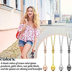 4 Pieces Spoon Necklace Teaspoon Pendant Necklace Crown Teaspoon Mini Spoon for Filling Vials with Salts, Sand, Glitter with Necklace Loop Pendant (Gold, Silver, Rose Gold, Black)
