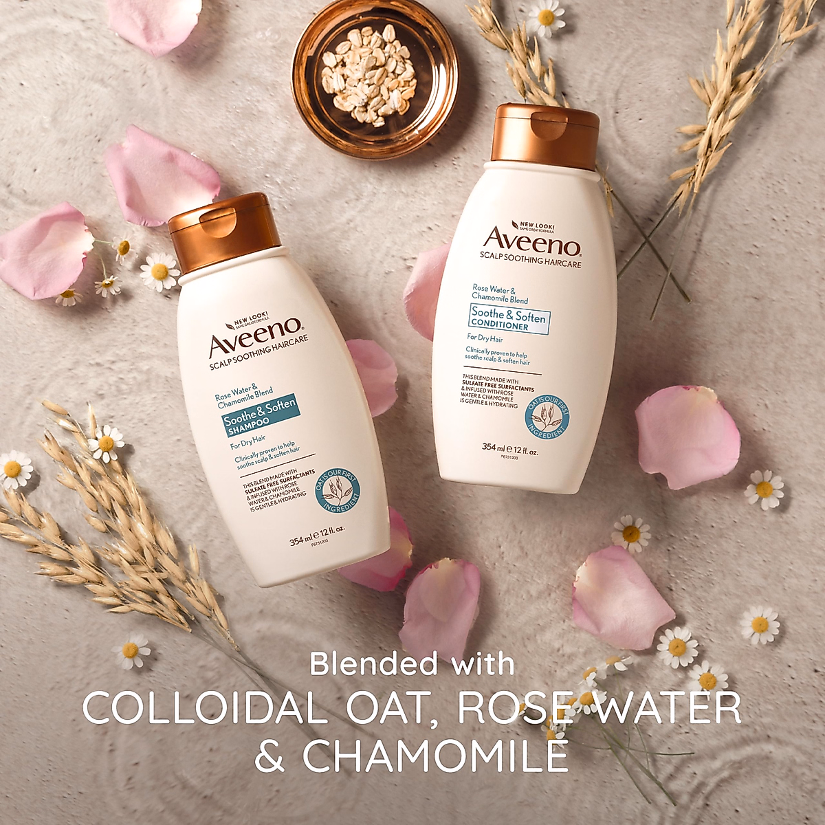 Aveeno Rose Water & Chamomile Blend Sulfate-Free Conditioner with Colloidal Oat for Dry Sensitive Scalp, Gentle Cleansing Conditioner for Fine, Fragile Hair, Paraben & Dye-Free, 12 Fl Oz