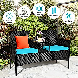 RELAX4LIFE Conversation Furniture Set with Table and Two Removable Cushions Rattan Wicker Chairs and Table Set for Patio,Garden, Baloney and Lawn Outdoor Porch Furniture Sets Loveseat (Black+Blue)