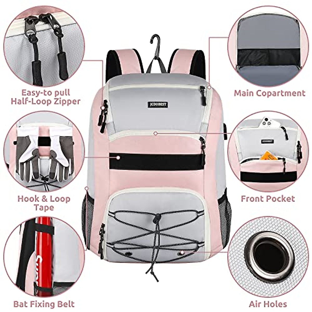Baseball Backpack, Baseball Bag with USB Charging Port, Youth Softball Bat Bag with Vented Shoes Compartment, Lightweight Baseball Bag TBall Bat & Equipment with Fence Hook, Gift for Boy Girls