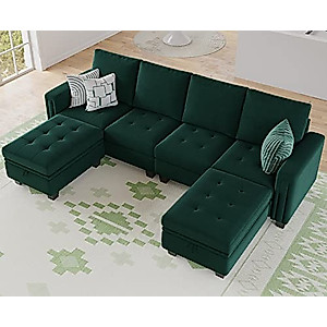 Belffin Velvet U Shaped Sectional Sofa Couch with Storage Ottoman Convertibel Sectional Sofa with Reversible Chaises Green