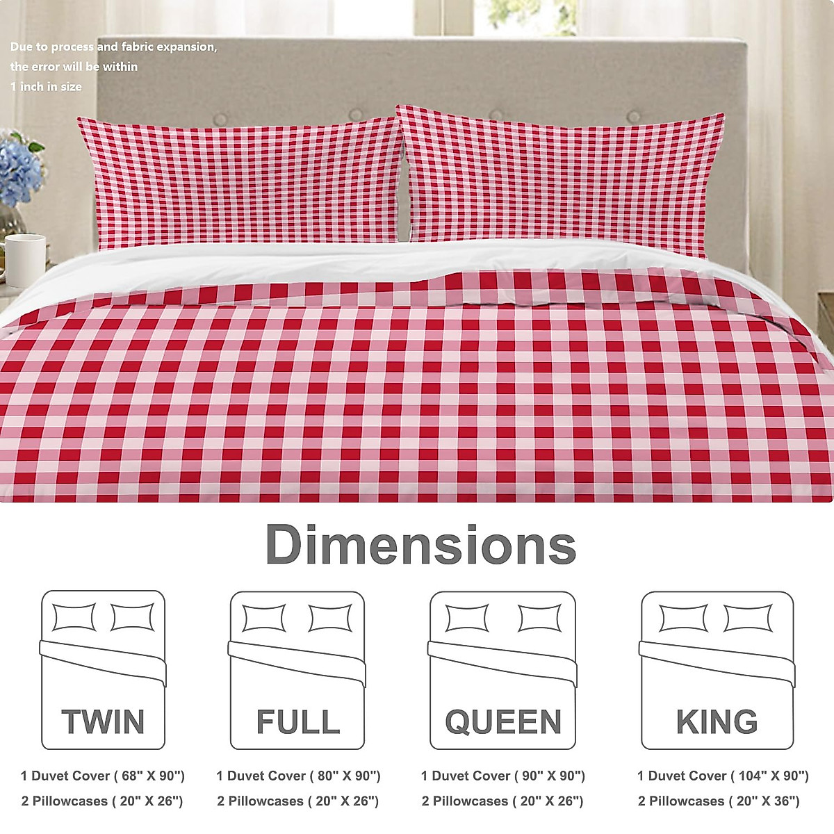 BaoNews Red White Gingham Duvet Cover Set Twin Size,3 Pieces Square Red Tablecloth Plaid Blanket Bedding Set Hotel Quality 100% Cotton Comforter Cover Set with 2 Pillowcases(No Filler)