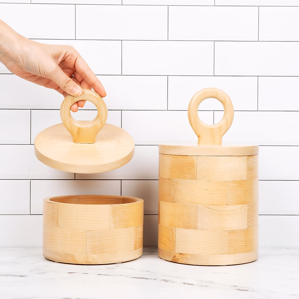 HILARI COLLECTIVE - Premium Designer Wood Canister with Lids - Set of 2 - Decorative Jars for Kitchen Decor, Dining Room and Pantry