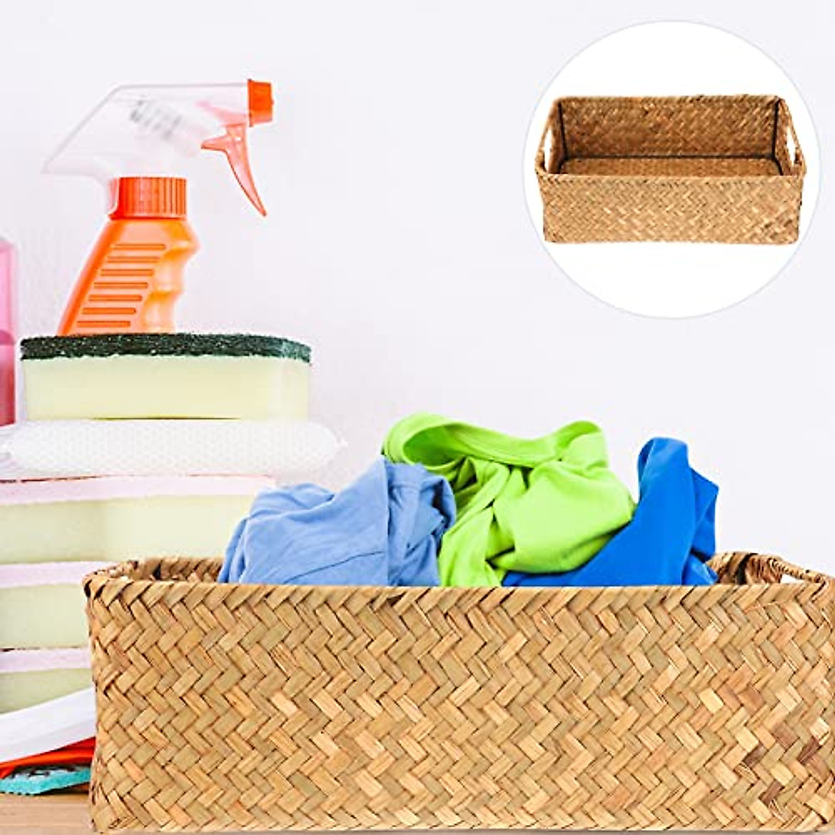 Housoutil 1pc Water Hyacinth Storage Baskets, Woven Basket with Carrying Handles, Decorative Rectangular Wicker Basket Storage Box for Nursery, Living Room, Bathroom 11.8x7.8x3.9in.