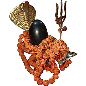 Shaligram Shiva Ling Lingam Shivling Naaga Brass Stand 4.7 Inches Approx Tirshul 4 inch Rudraksha mala 108 Beads 6mm